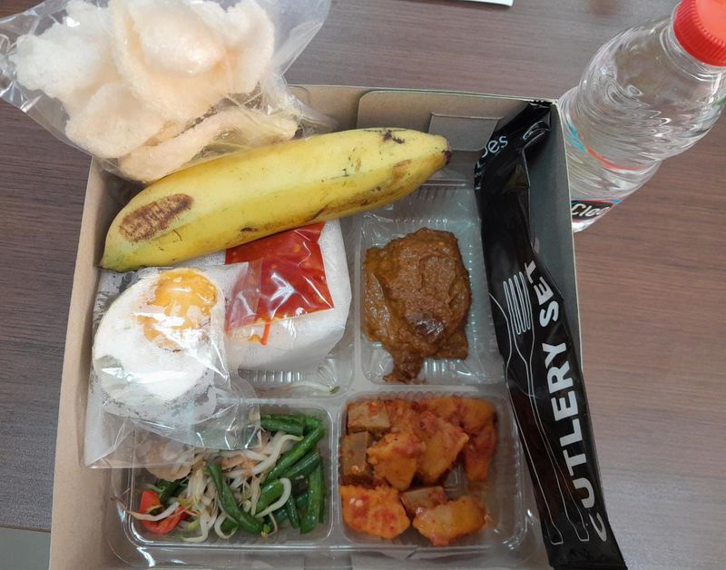 Nasi Box isi nasi, rendang, telur asin, sambal goreng, tumis sayuran ...