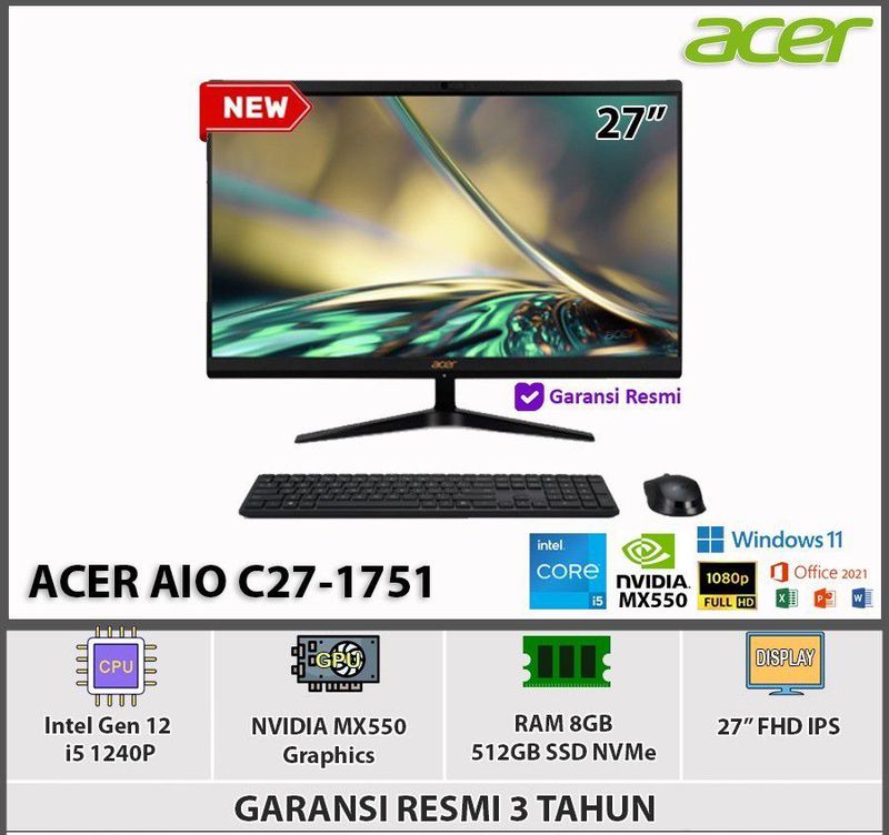 ACER AIO C27-1751 I5 1240P 16GB 512GB SSD MX550 2GB 27 - Putih