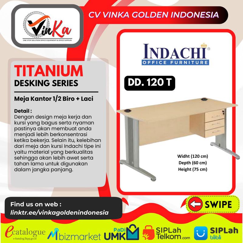 MEJA KANTOR 1/2 BIRO + LACI INDACHI - TITANIUM SERIES - DD. 120 T - H.P.L