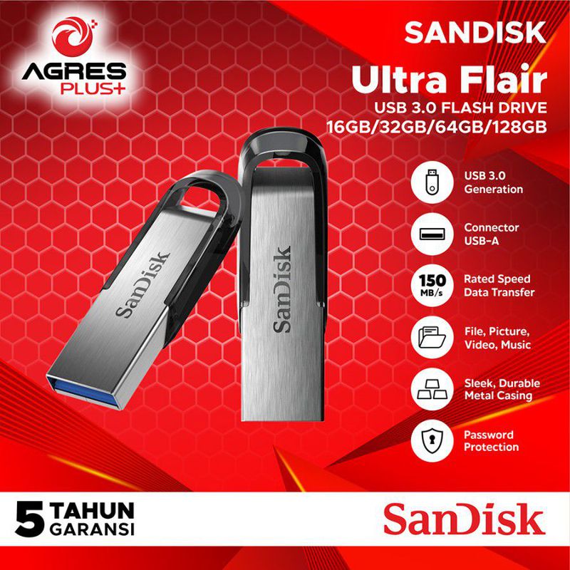 Flashdisk Sandisk Ultra Flair + Cetak Logo - 128 Gb