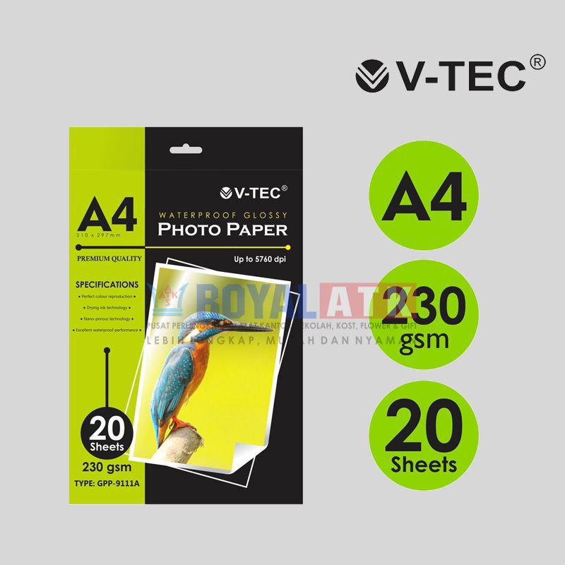 GLOSSY PHOTO PAPER A4-230GSM (GPP-9111A) V-TEC 8993201891114