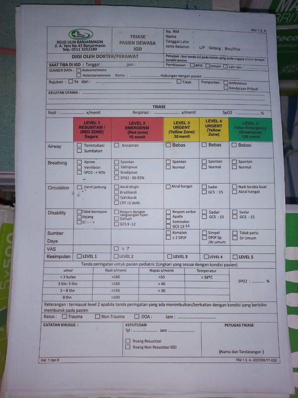 Lampiran Isi Status Rawat Inap - RM 1.3. A hal. 1 dari 6 - Triase Pasien Dewasa IGD (warna)