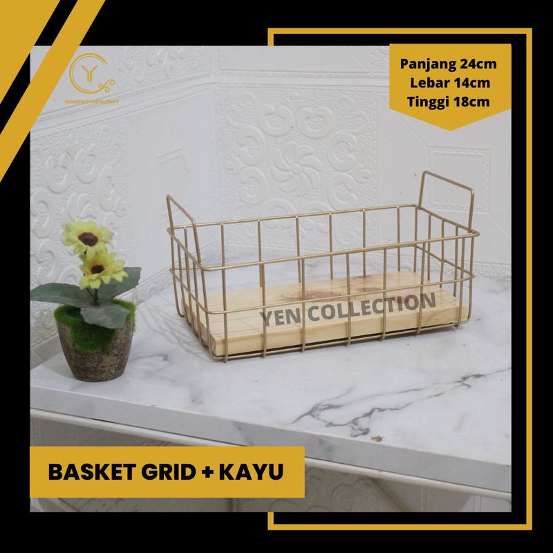 BASKET GRID+KAYU - RAK SERBAGUNA - KERANJANG BESI - Putih - Marble Putih