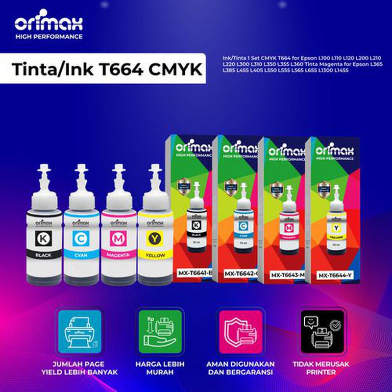 Orimax MX-T664 CMYK Tinta 100ml for Epson L100 L110 L120 L200 L210 L220 ...