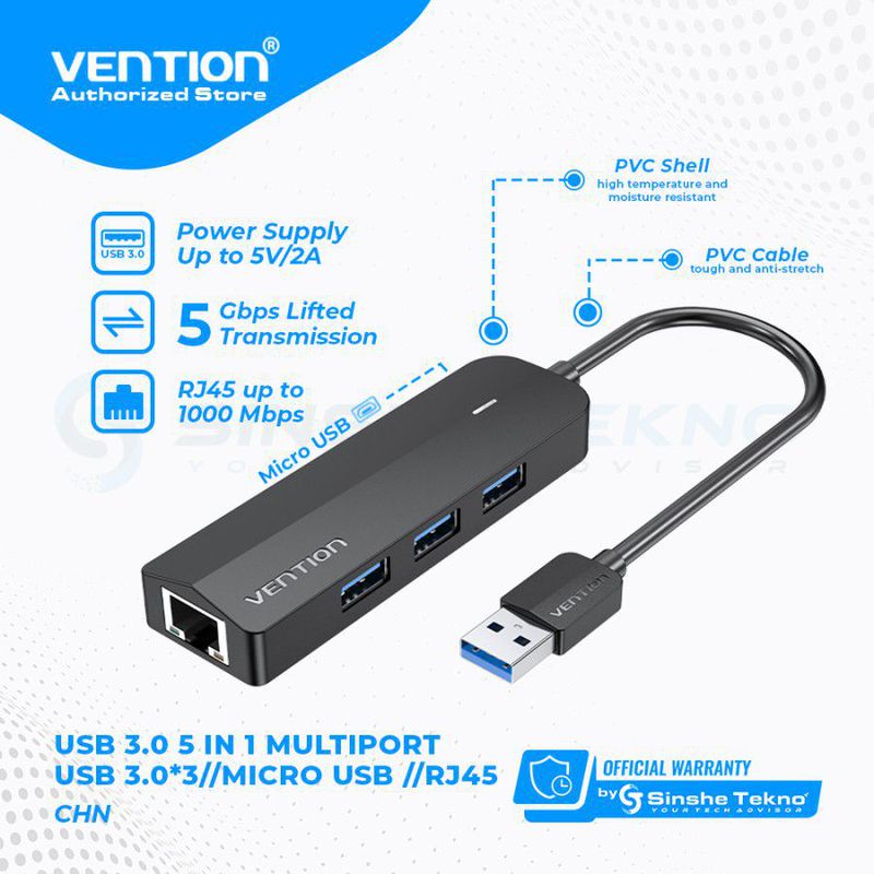 Vention USB Hub 2.0 3.0 Lan Ethernet Port Adapter With Power Port - CHN
