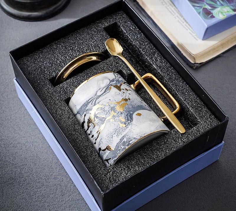 Marble Gold Mug/Cangkir Gelas Marble dengan Tutup Gold Mewah/Set ...