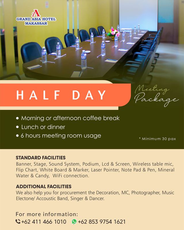 HALF DAY, Meeting Package, Paket Meeting, Sewa Ruangan, Grand Asia Hotel Makassar