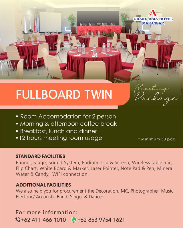 FULLBOARD TWIN, Meeting Package, Paket Meeting, Sewa Ruangan, Grand Asia Hotel Makassar