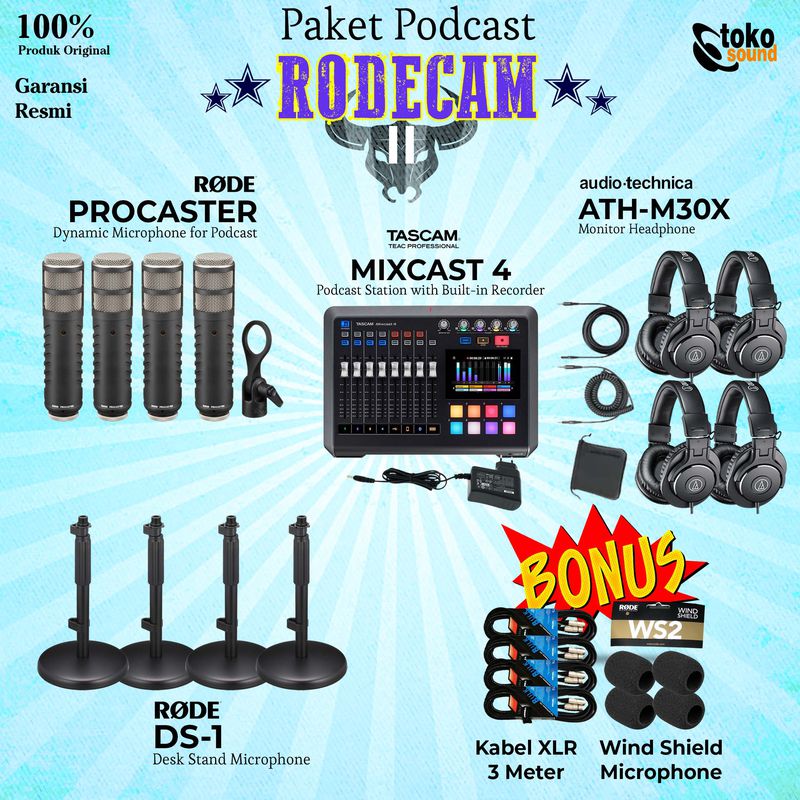 PAKET PODCAST RODCAM 4 ORANG - Tascam MixCast 4 Mixer - Rode ProCaster ...