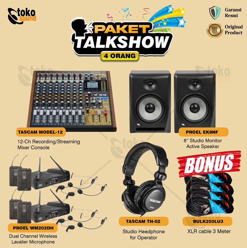 Paket Podcast TalkShow 4 Orang - Tascam Model 12 - Proel WM202DH