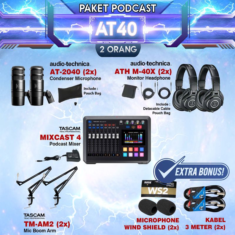 PAKET PODCAST AT40 2 ORANG - Tascam MixCast 4 - Audio Technica AT2040 ...