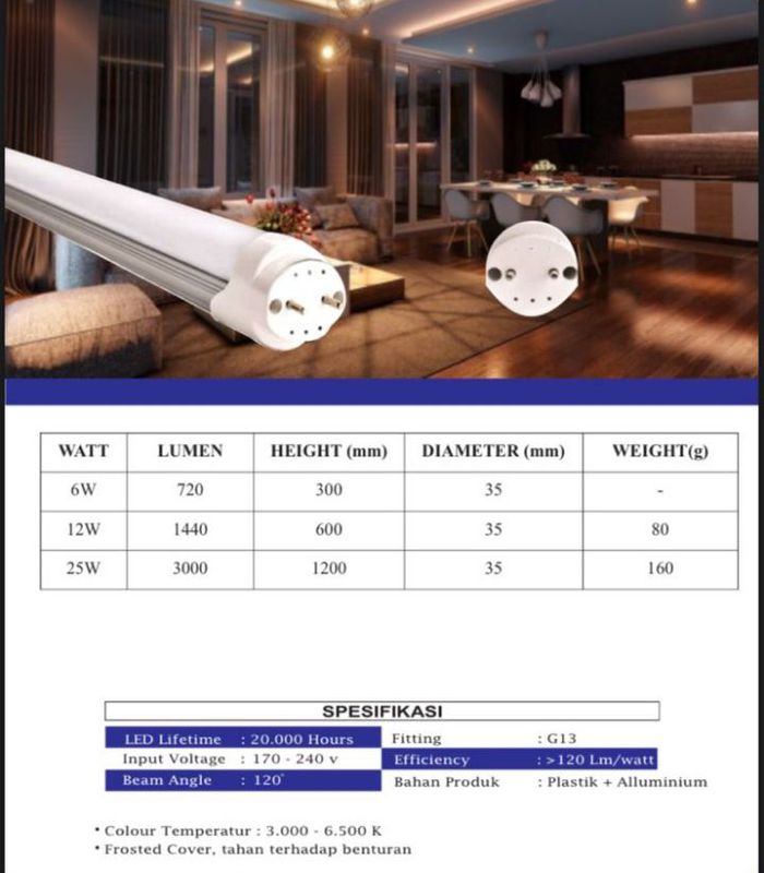 Lampu LED TL T8 pin f.p 0.6 25watt