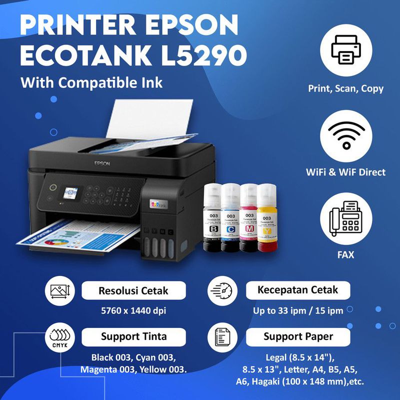 Printer Epson L5290 Print Copy Scan F4 Fax ADF WiFi All in One