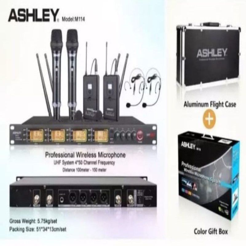 Mic Wireless Ashley M114 Original 4 ch mic Pegang Jepit + Headset