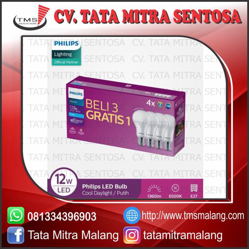 Lampu LED Philips Bulb E27 6500K 12W (1 Paket 4 Buah)