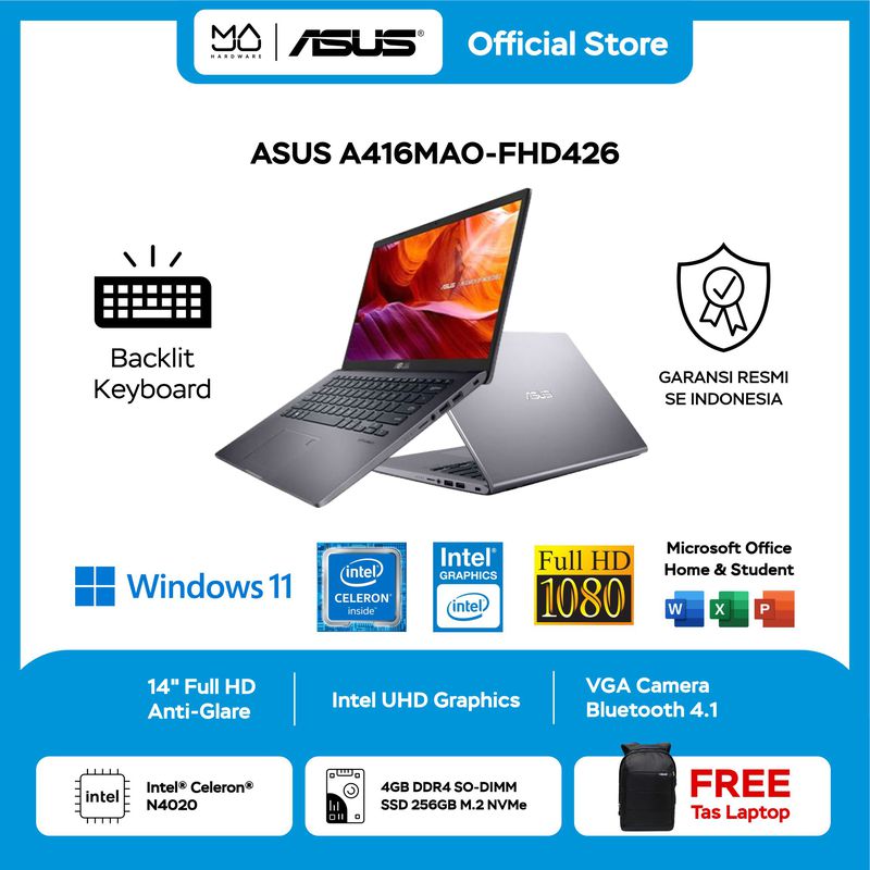 Laptop ASUS VIVOBOOK 14 A416MAO FHD426 N4020 4GB 256SSD W11+OHS 14.0FHD ...