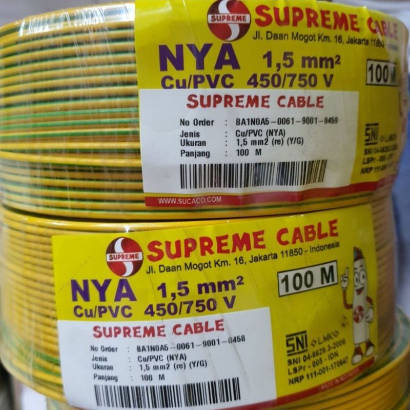 KABEL NYA, 1,5 mm2 WARNA KUNING HIJAU/PE