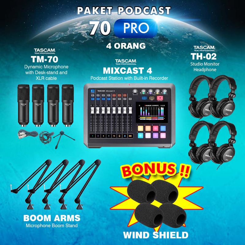 PAKET PODCAST 70 PRO MAX 4 Orang - Tascam MixCast 4 - Tascam TM 70 Mic