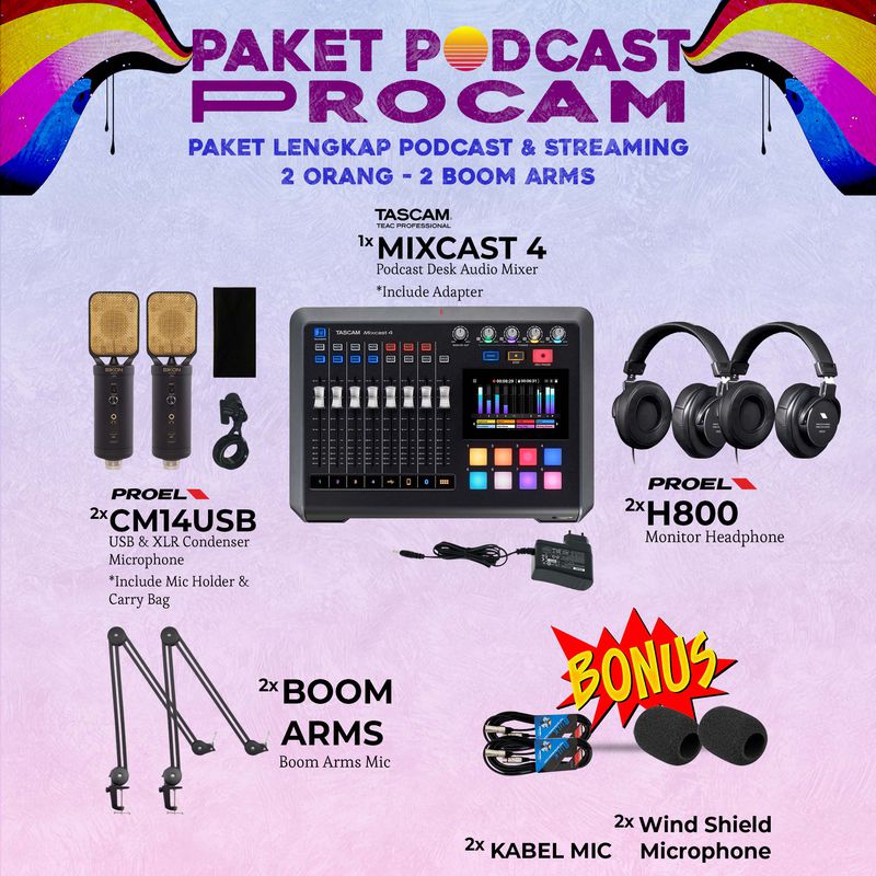 PAKET PODCAST PROCAM 2 ORANG - Tascam MixCast 4 Mixer - Proel CM 14USB - Full Desk Stand