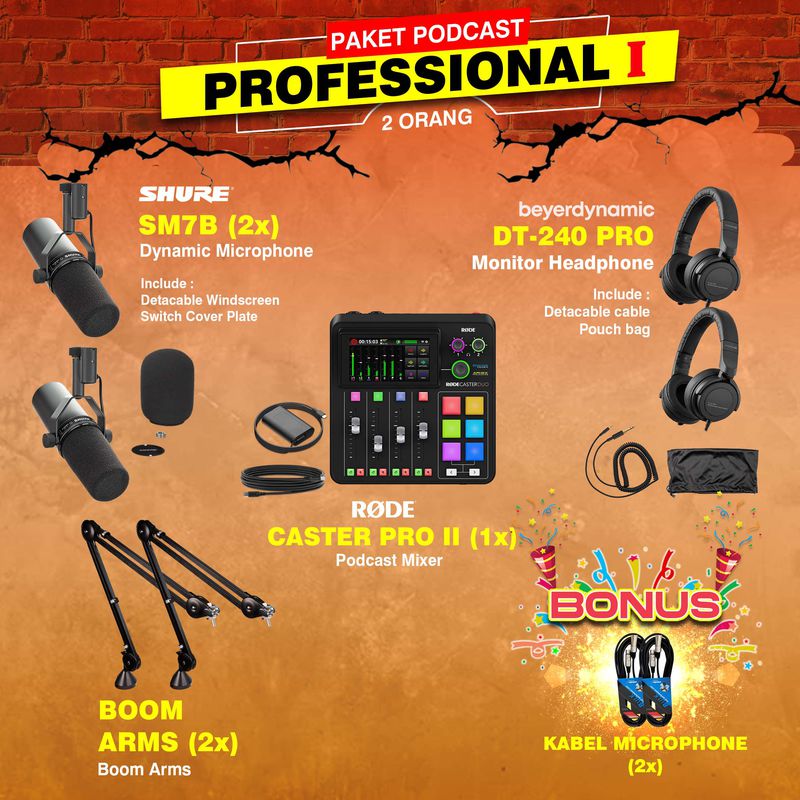 PAKET PODCAST PROFESSIONAL 2 ORANG - RODE RODECASTER PRO 2 SHURE SM7B - Full Boom Arm