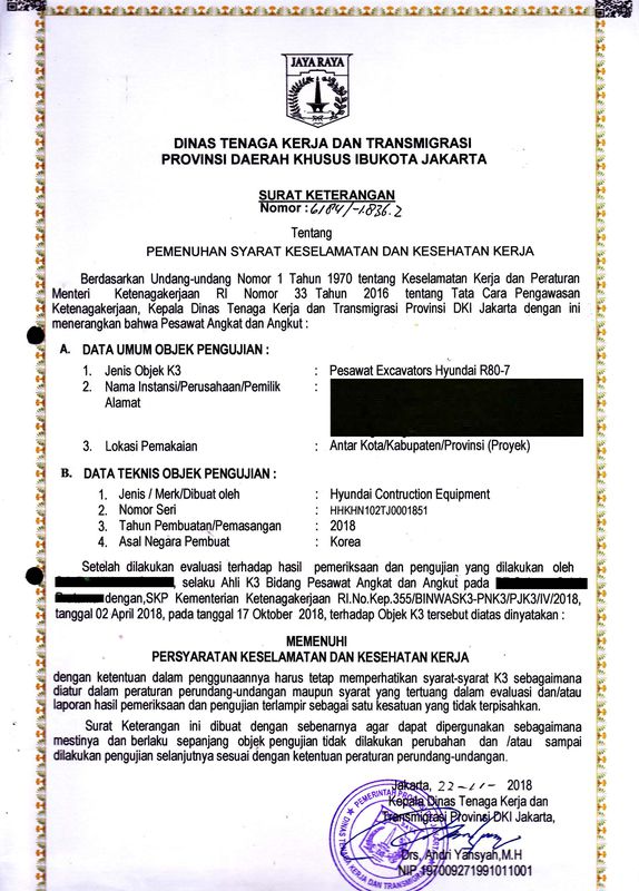 Pembuatan jasa riksa uji dan jasa inspeksi surat izin layak operasi SILO Excavator disnaker
