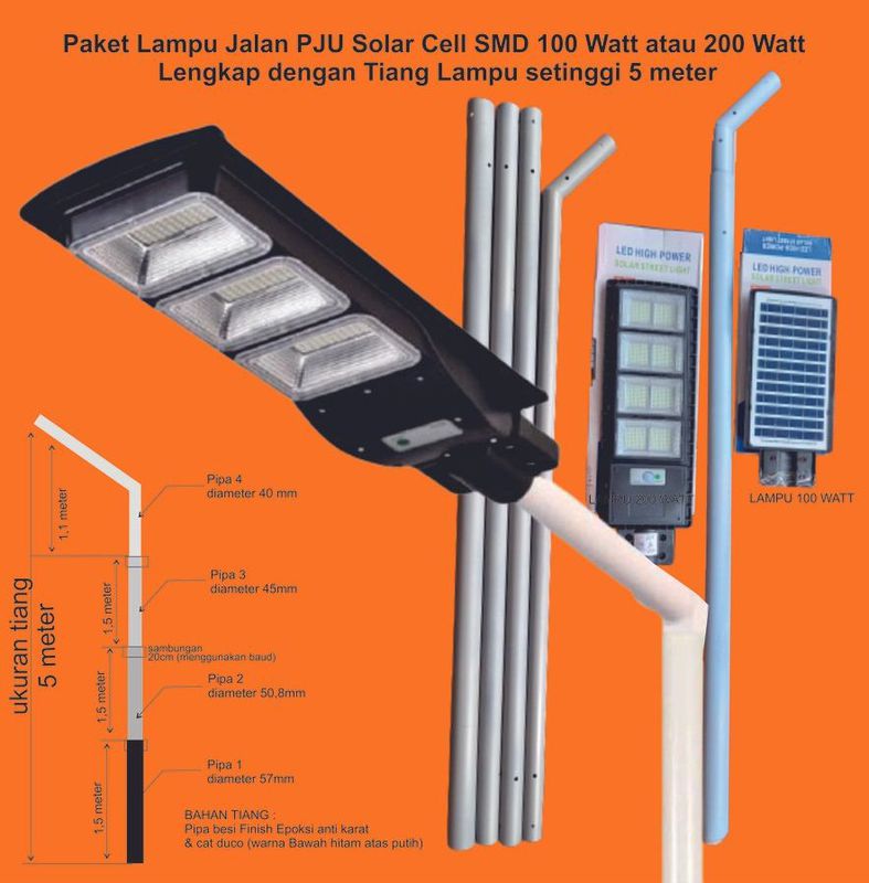 Paket Lampu Jalan PJU Solar Cell 100 Watt