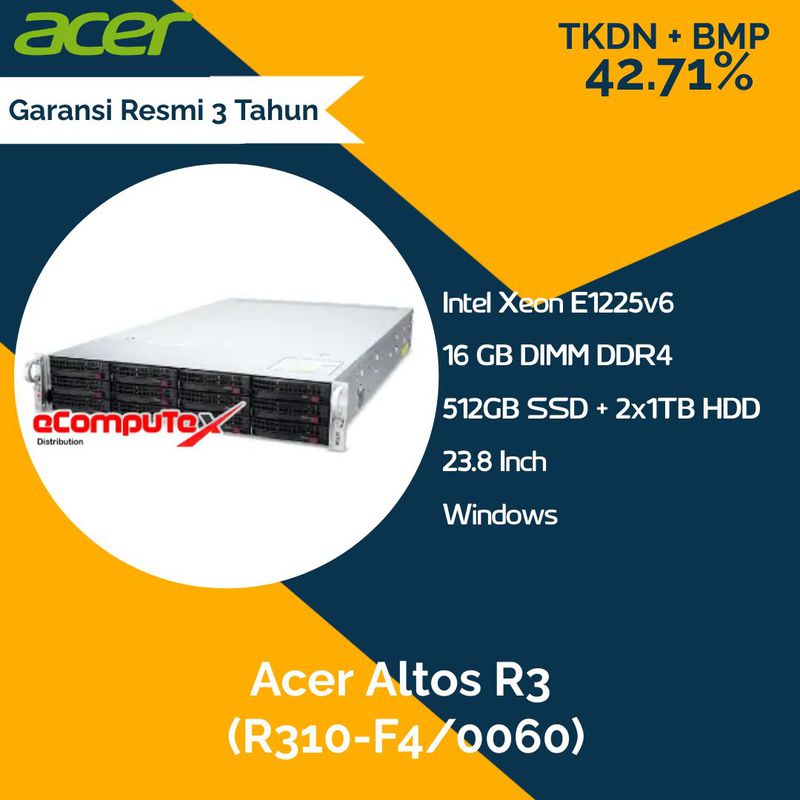 Server Rack Acer Altos R3 (R310-F4/0060) Intel Xeon 16GB 512GB - TKDN RESMI
