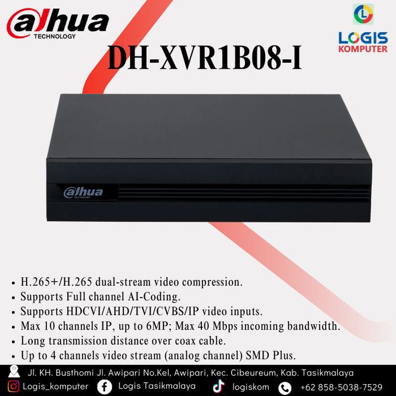 XVR Dahua XVR1B08 I 8 Ch Penta brid 1080N/720p Cooper 1U