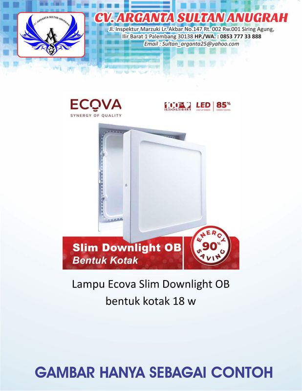 Lampu ECOVA Slim Downlight OB bentuk kotak 18 Watt