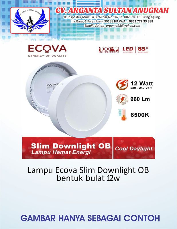 Lampu ECOVA Slim Downlight OB bentuk bulat 12 Watt