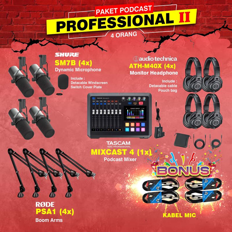 PAKET PODCAST PROFESSIONAL 2 ORANG - Tascam Mixcast 4 - Shure SM7B ...