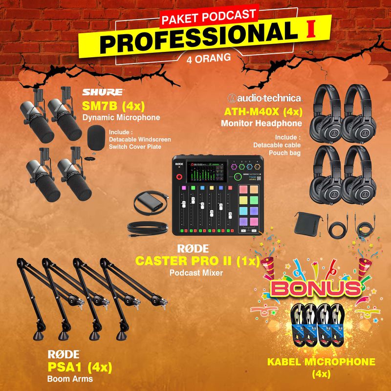 PAKET PODCAST PROFESSIONAL 4 ORANG - RODE RODECASTER PRO 2 SHURE SM7B ...