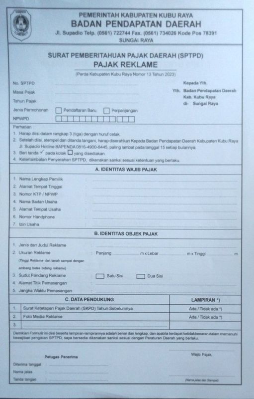 Form SPTPD Pajak Reklame