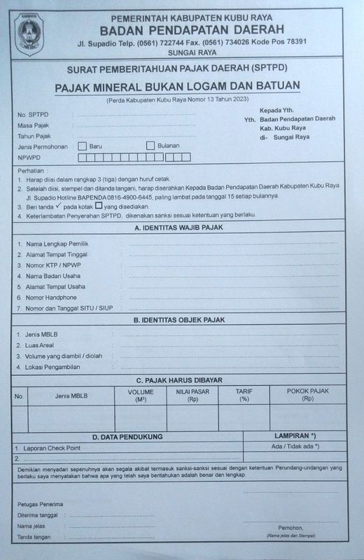Form SPTPD Pajak Mineral Bukan Logam dan Batuan