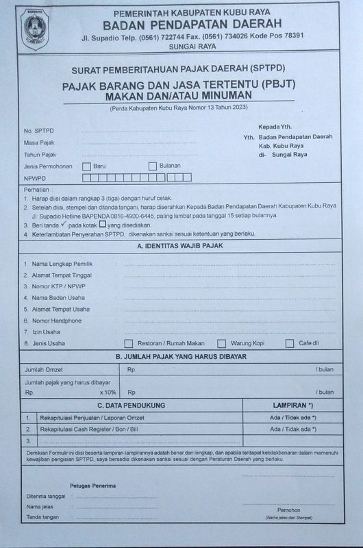 Form SPTPD Pajak Barang dan Jasa Tertentu (PBJT) Makan Dan/Atau Minuman