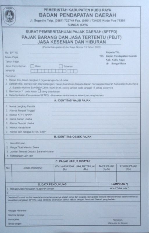 Form SPTPD Pajak Barang dan Jasa Tertentu (PBJT) Jasa Kesenian dan Hiburan