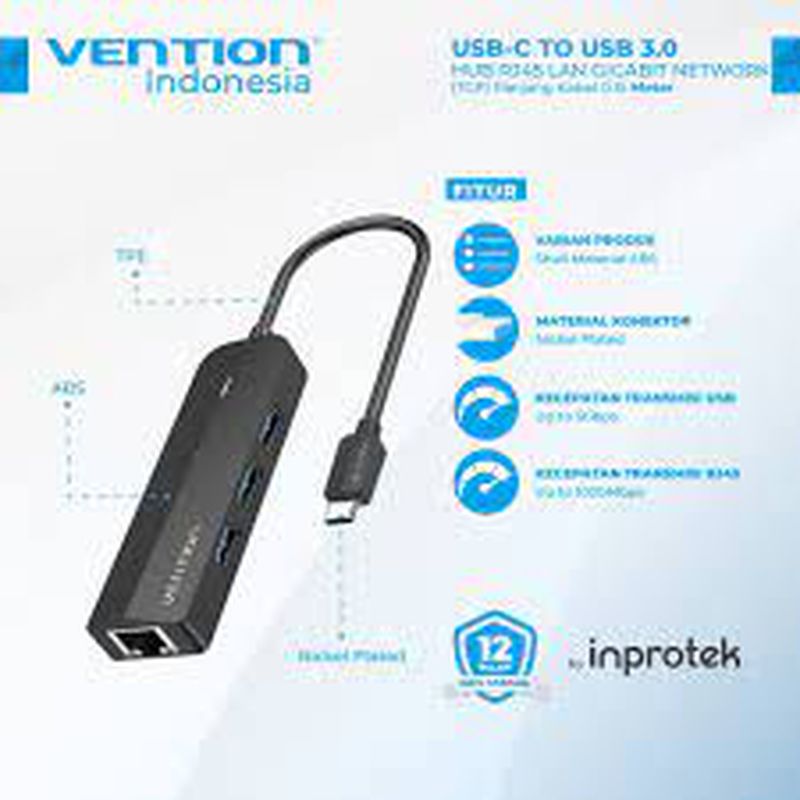 Vention USB Type-C to USB 3.0 Hub RJ45 LAN Gigabit Network - TNF
