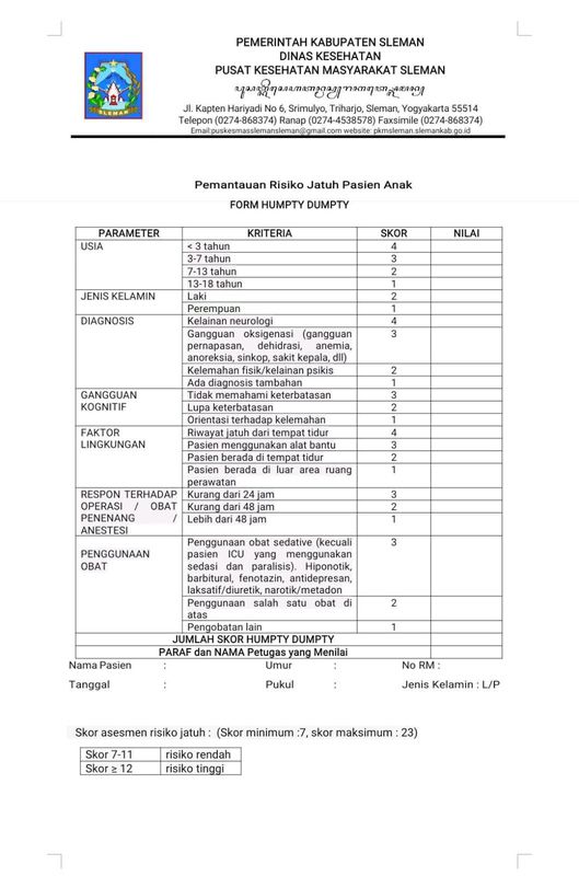 Form Skrining visual dan resiko jatuh untuk anak Pus sleman