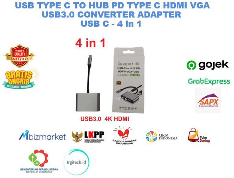 USB TYPE C TO HUB PD TYPE C HDMI VGA USB3.0 CONVERTER ADAPTER USB C - 4 ...