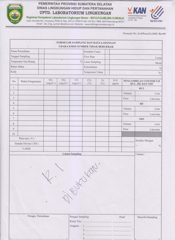 Formulir sampling dan data lapangan udara emisi sumber tidak bergerak