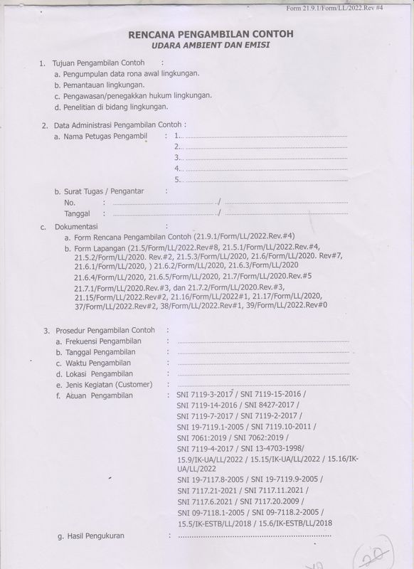 Rencana Pengambilan Contoh Udara Ambient dan Emisi (Form 21.9.1)