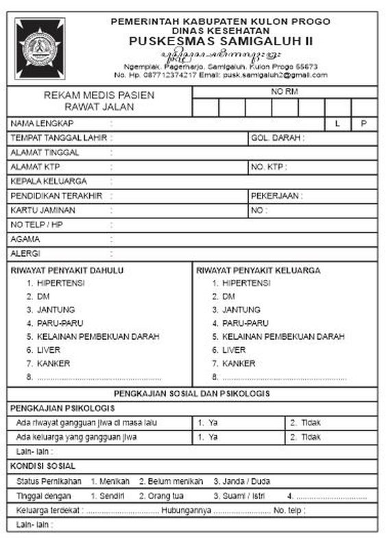 Form Rekam Medis Rawat Jalan / lembar identitas Pasien Pusk Samigaluh II