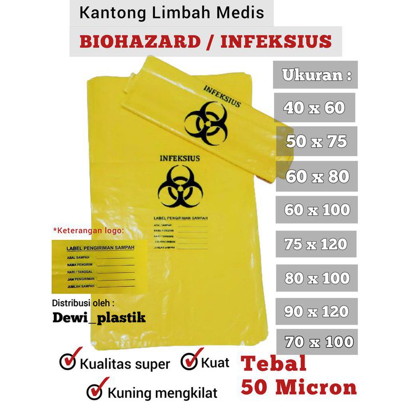 Plastik kuning limbah medis infeksius / biohazard TEBAL 50 MICRON - 60x700