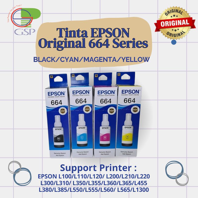 Tinta Epson Original 664 70ml Black/ Cyan/ Magenta/ Yellow - Biru
