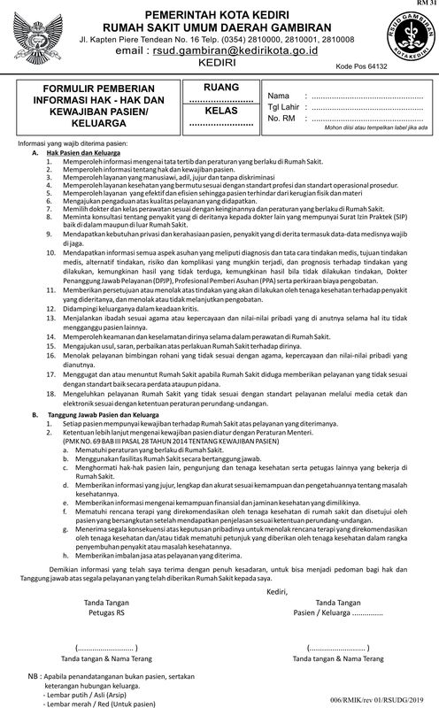 Form pemberian informasi hak -hak dan kewajiban pasien / keluarga NCR ...