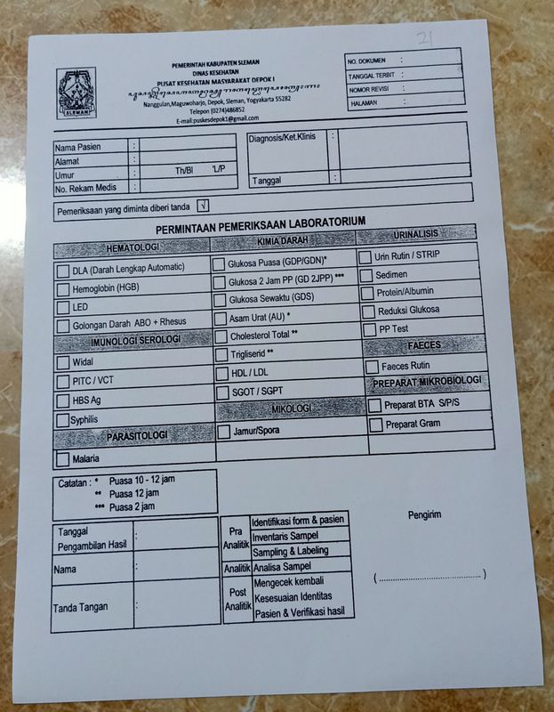Form Permintaan Pemeriksaan Lab Depok I