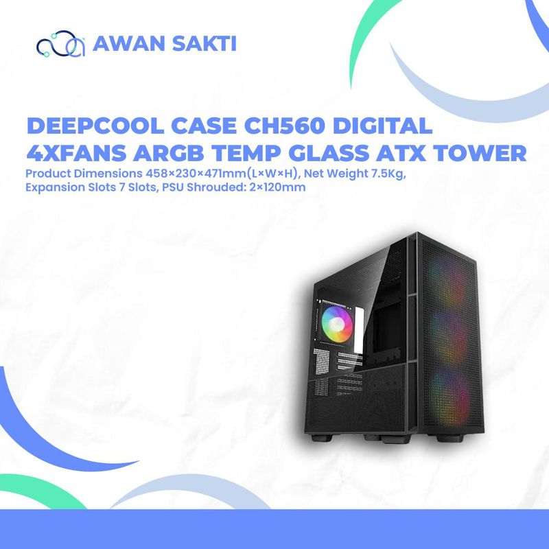 DEEPCOOL CASE CH560 DIGITAL 4XFANS ARGB TEMP GLASS ATX TOWER