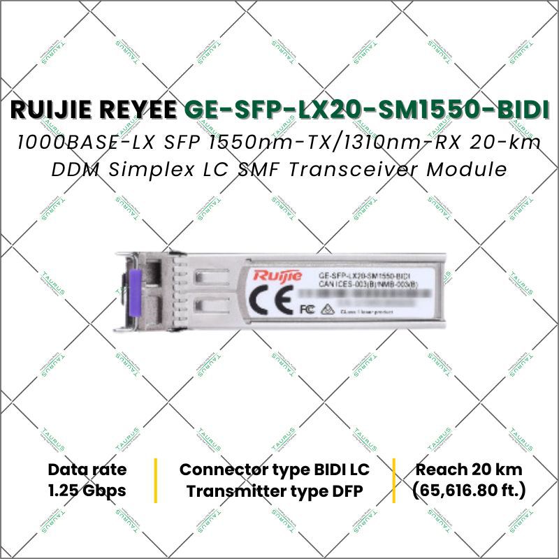 Ruijie Reyee GE-SFP-LX20-SM1550-BIDI 1000BASE-LX SFP 1550nm-TX/1310nm-RX 20-km DDM Simplex LC SMF