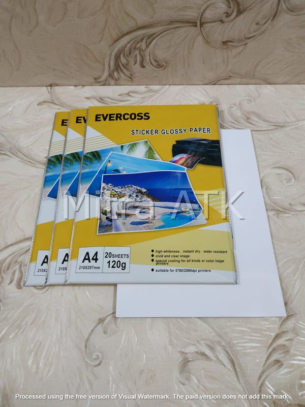 Kertas Stiker Glossy, ukuran A4, Merk Evercos