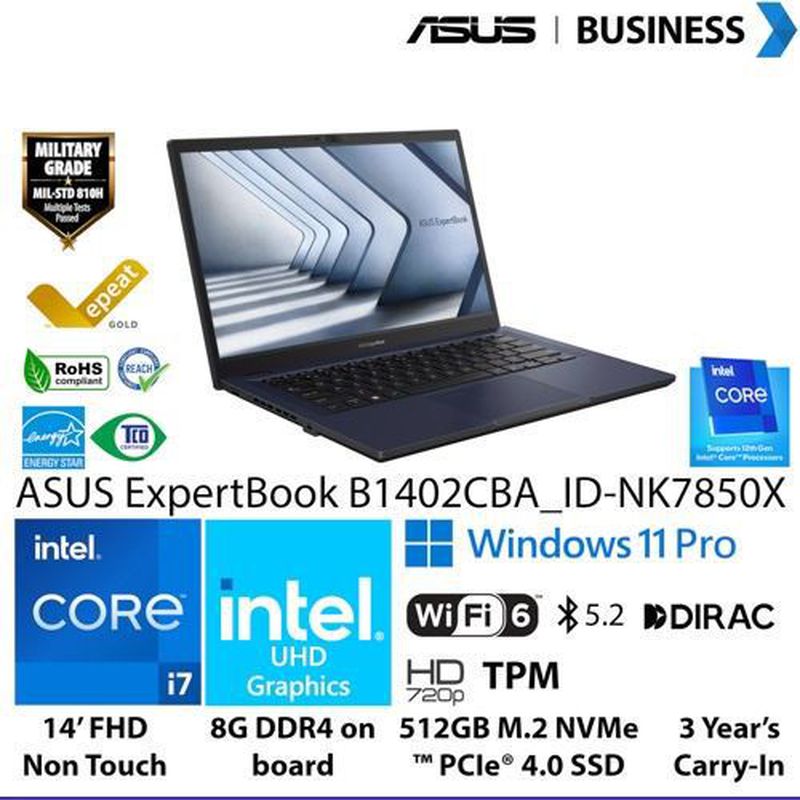 ASUS NOTEBOOK EXPERTBOOK B1402CBA_ID-NK7850X (I7-1255U/8GB /512GB SSD/WIN 11 PRO+OHS/UMA/3Y/14 INCH